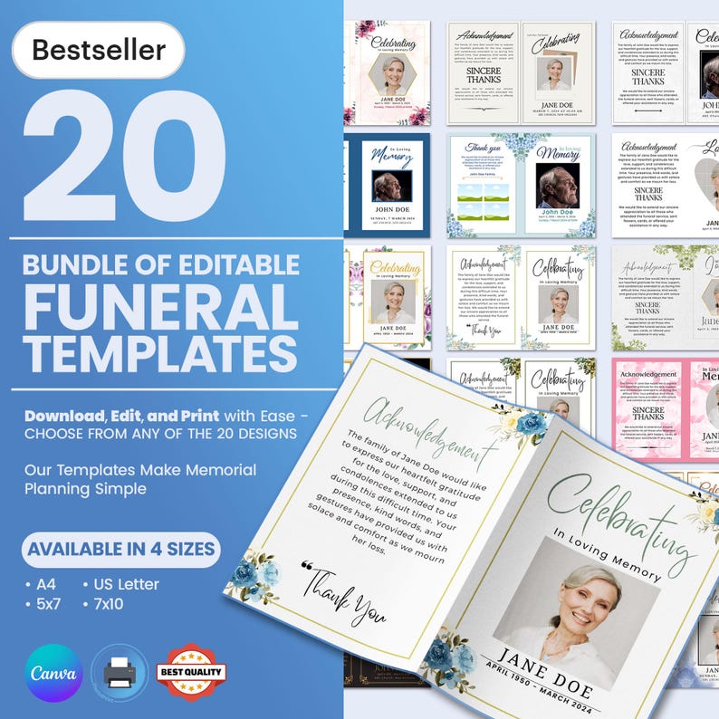 20 Editable Funeral Program Templates Bundle | Customizable Obituary ...