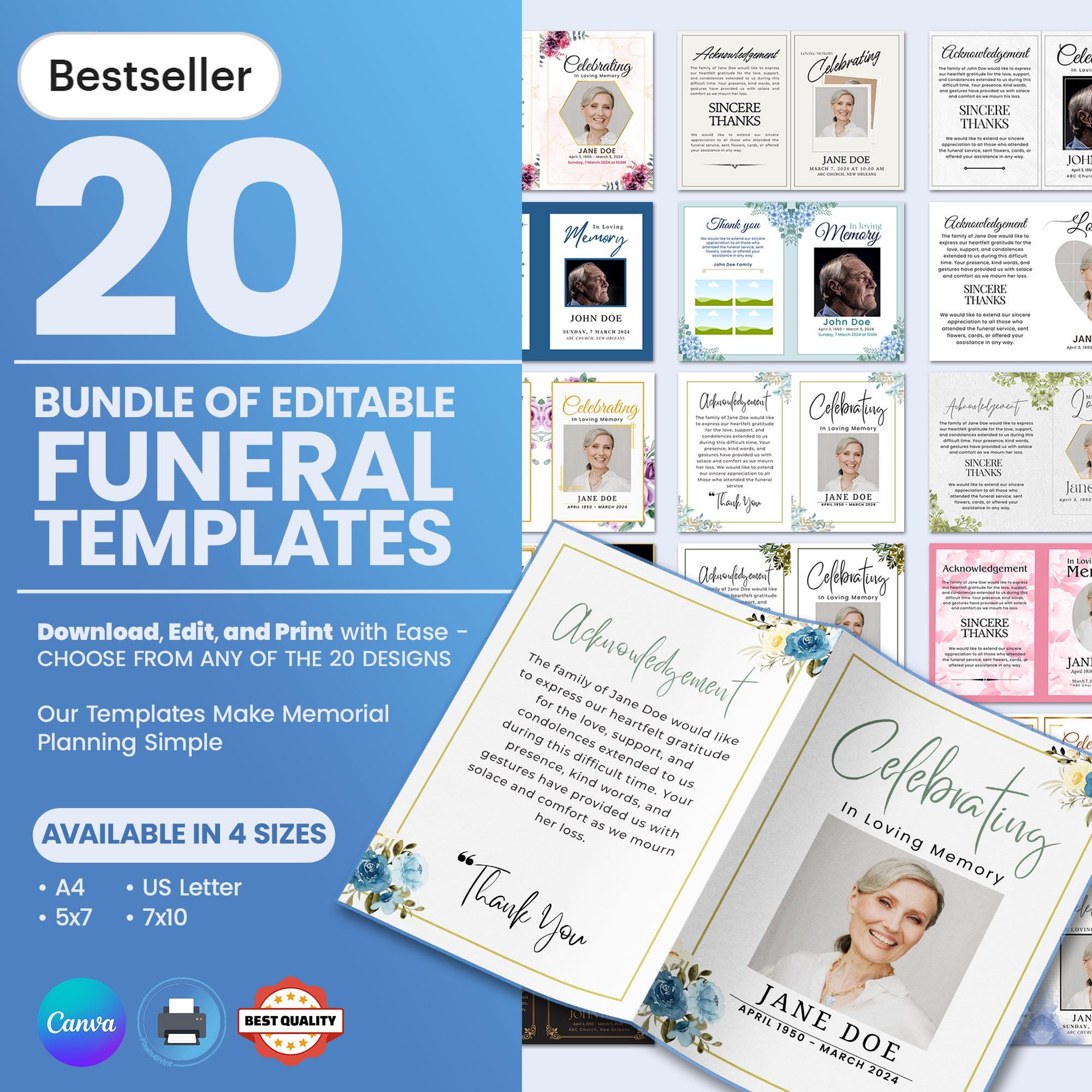 20 Editable Funeral Program Templates Bundle | Customizable Obituary ...