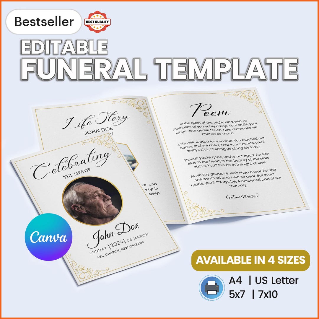 Gold Vintage Funeral Program Template - Etsy
