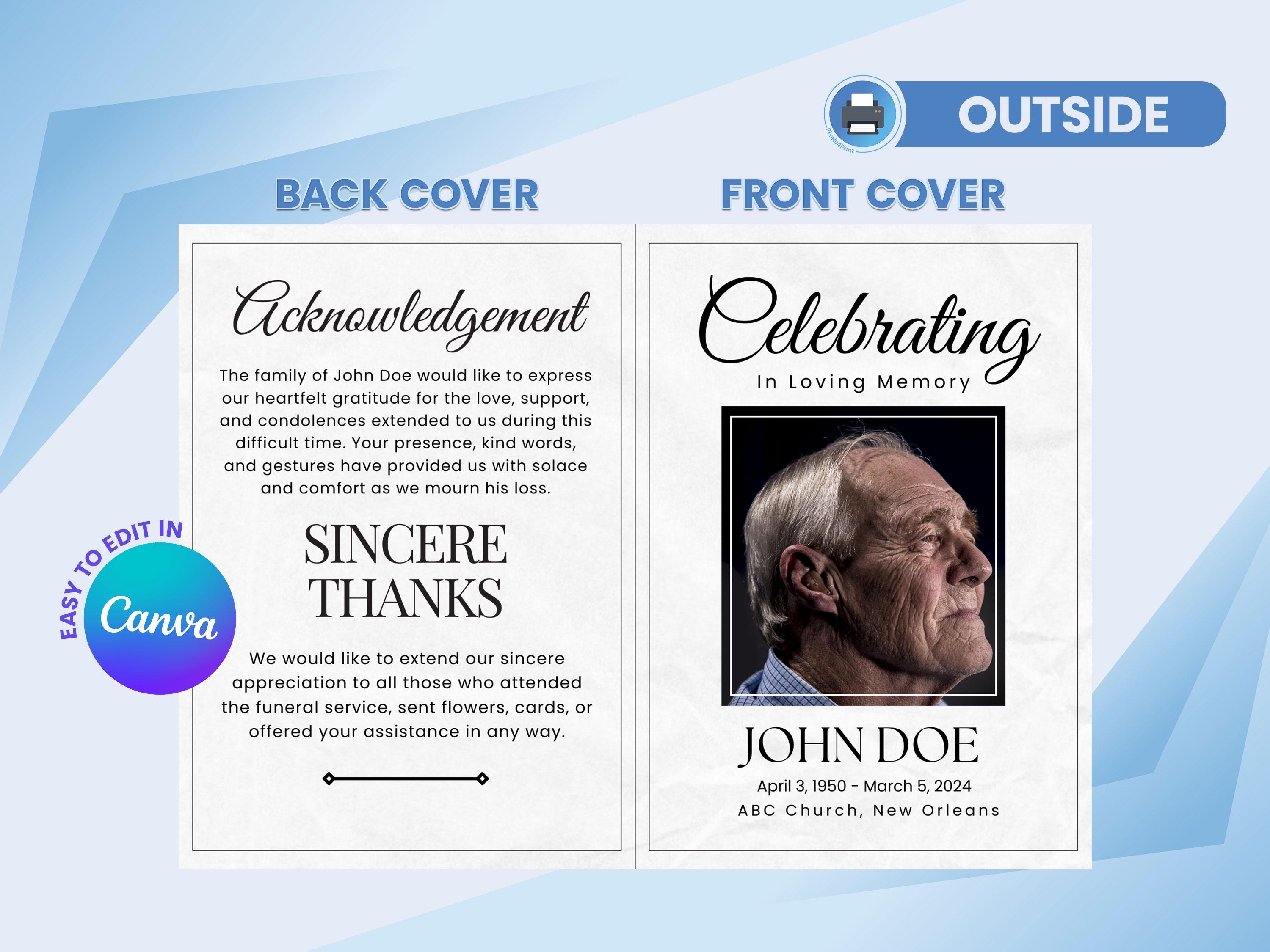 Simple Traditional Funeral Program Template Editable Memorial Service ...