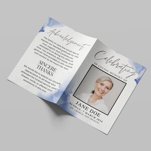 Blue Watercolor Funeral Program Template: Editable Memorial (digital ...