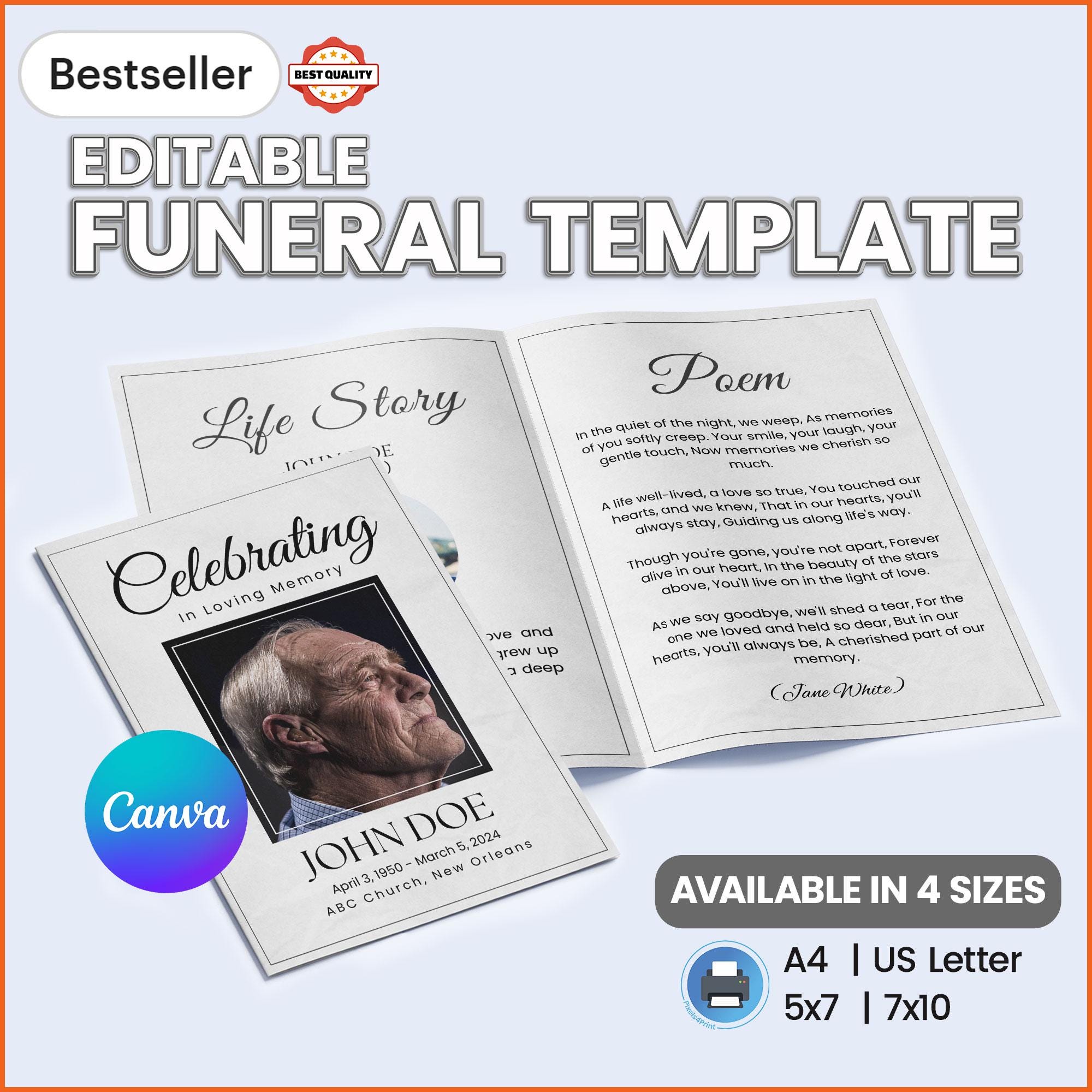 Simple Traditional Funeral Program Template Editable Memorial Service ...