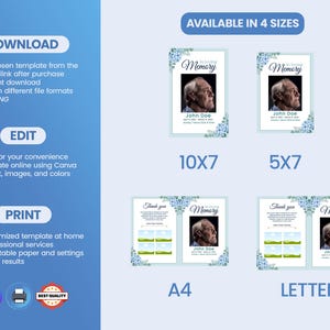 Elegant Floral Blue Funeral Program Template | Editable Obituary for ...