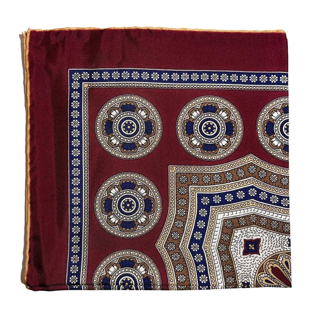 Burgundy & Cream Geometric Medallion - Silk Twill Pocket Square (hand ...