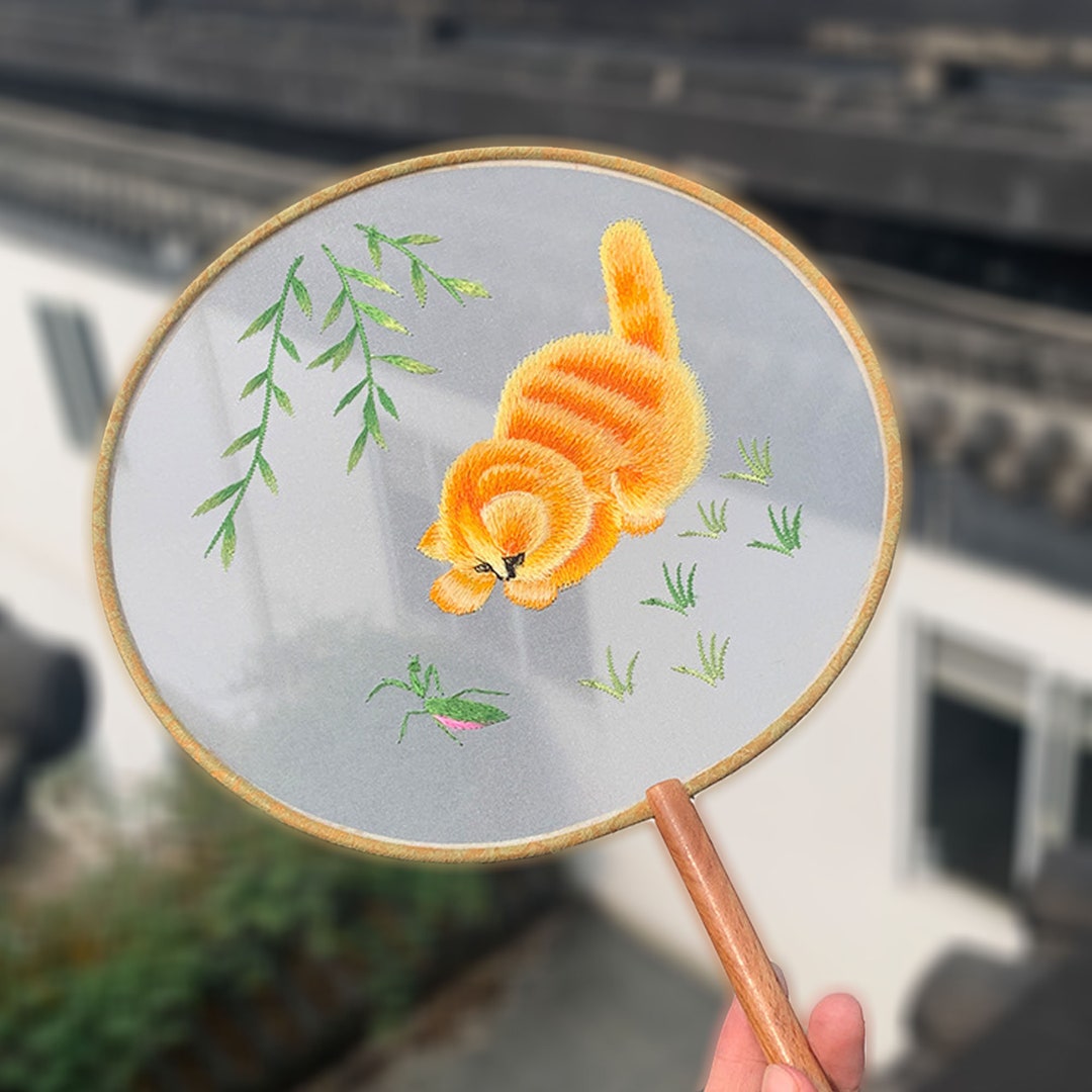 Double-sided Embroidery Hand Fan Cute Cat Art Round Fan Tassel Fan ...