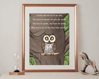 A Wise Old Owl ART PRINT Inspirational Quote Nursery Poem - Etsy