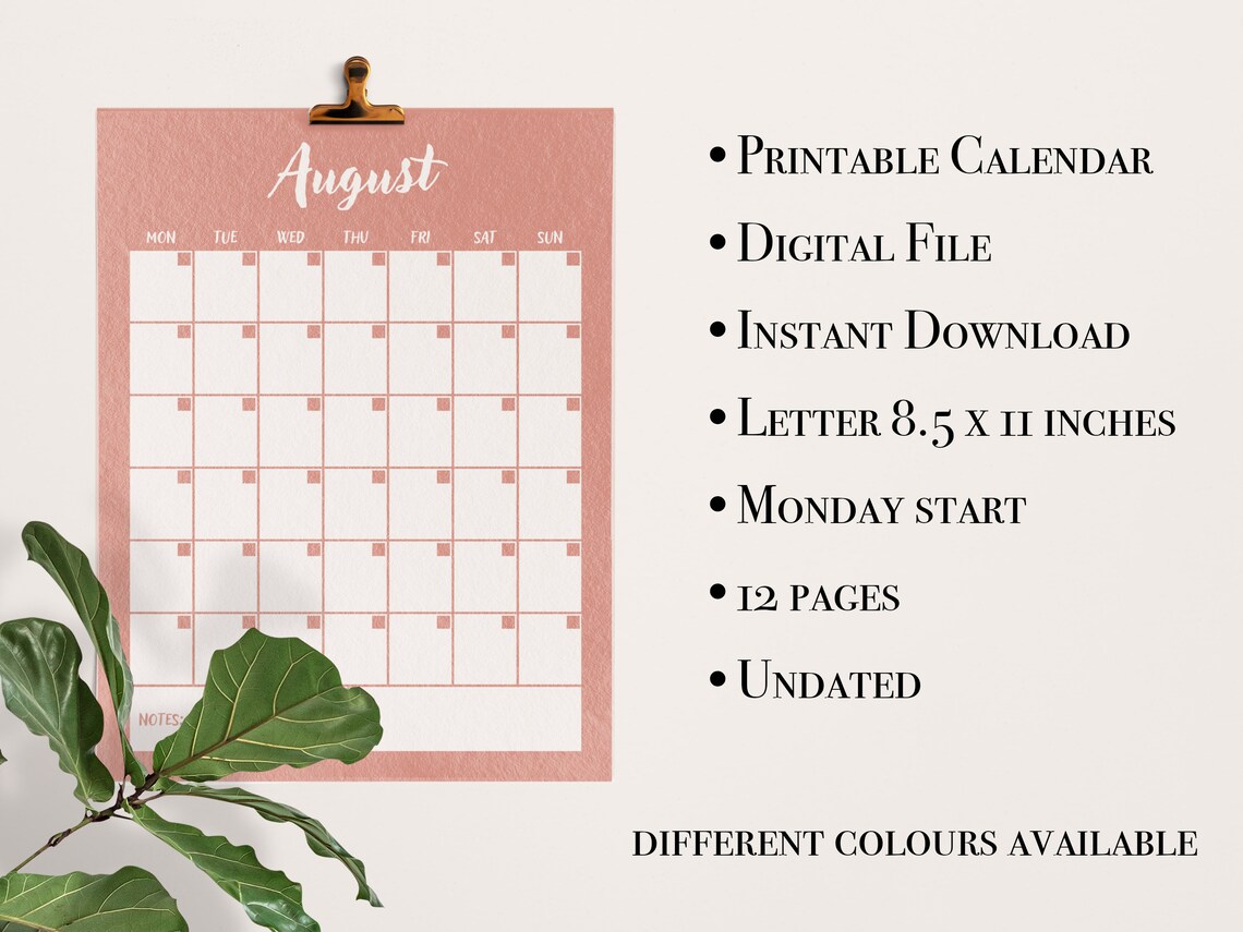 Monthly Calendar Yearly Calendar Printable Digital File Blank Calendar ...