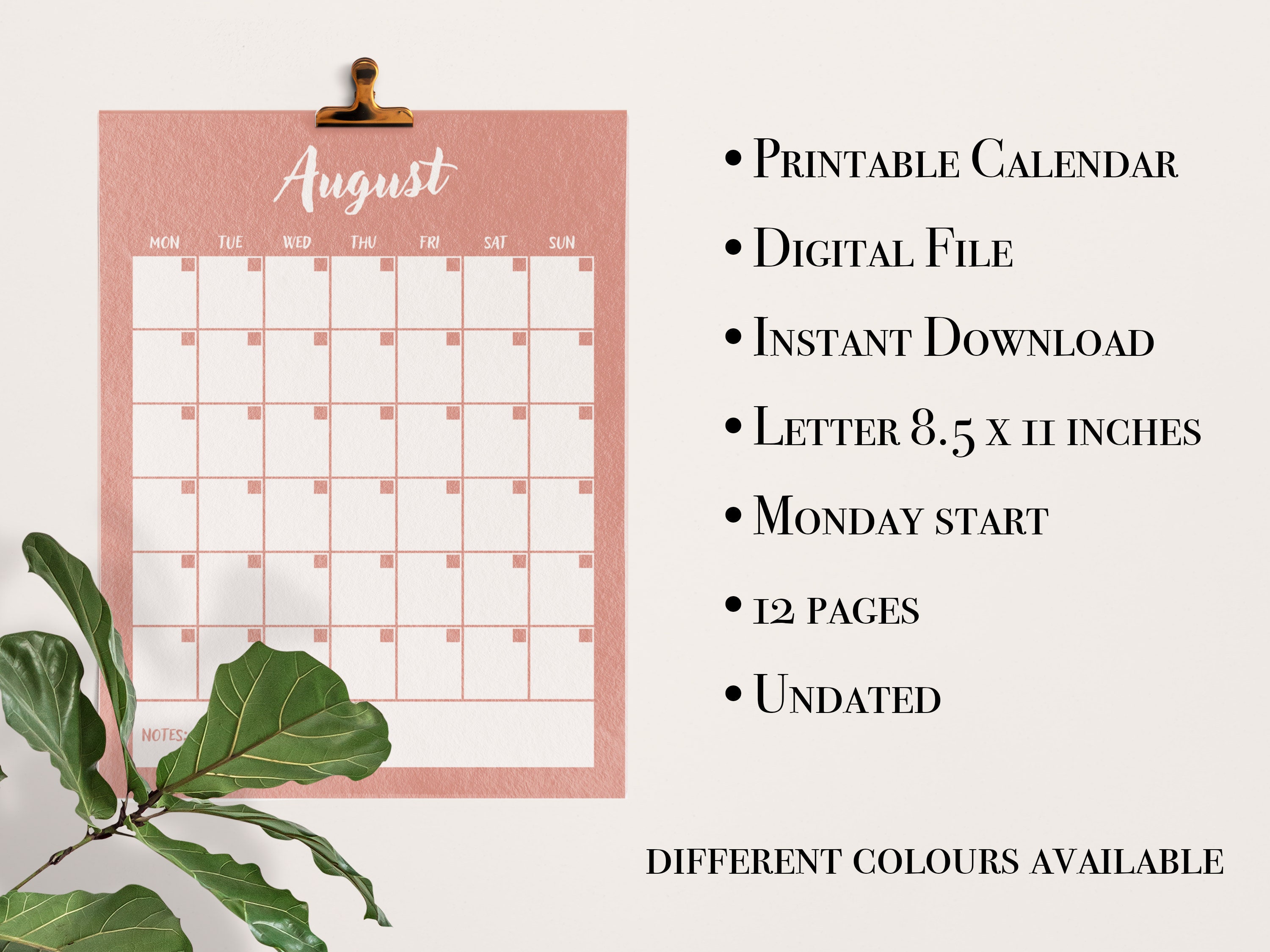Monthly Calendar Yearly Calendar Printable Digital File Blank Calendar ...
