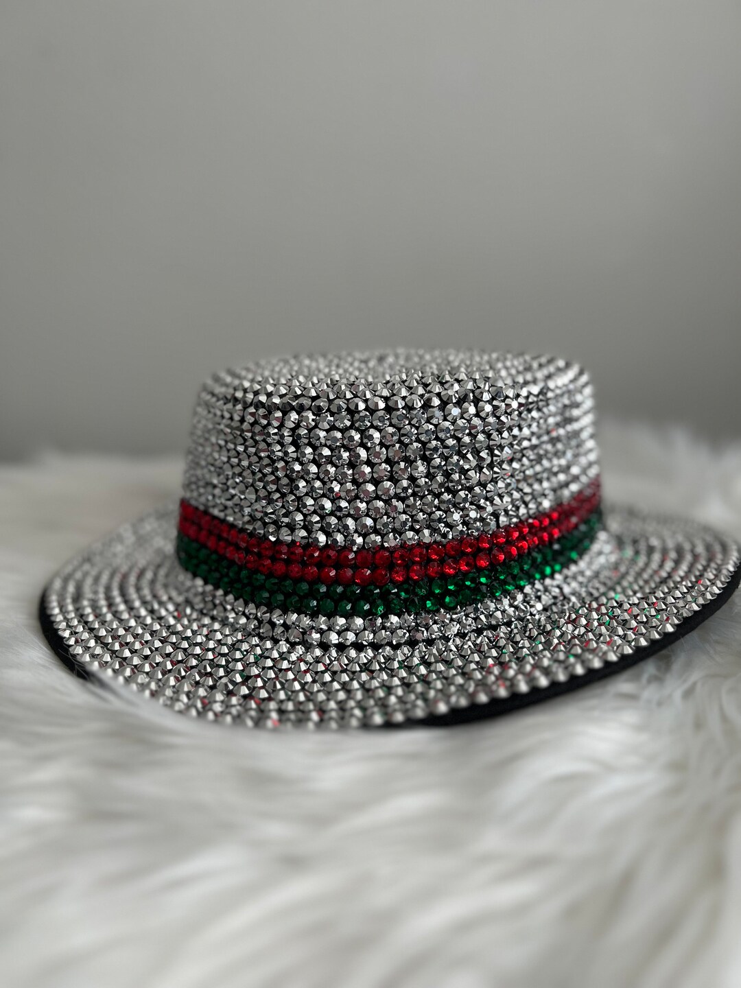 Rhinestone Fedora Hat Color Block Red & Green Striped for Women - Etsy