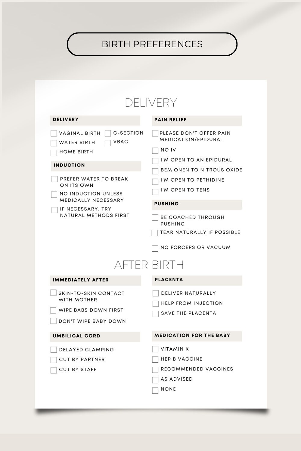 Birth Plan Template | Printable Birth Plan and Checklist - Etsy