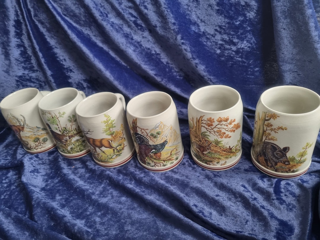6 Rare Vintage West Germany Hirschmann Stoneware Beer Stein With Wild ...