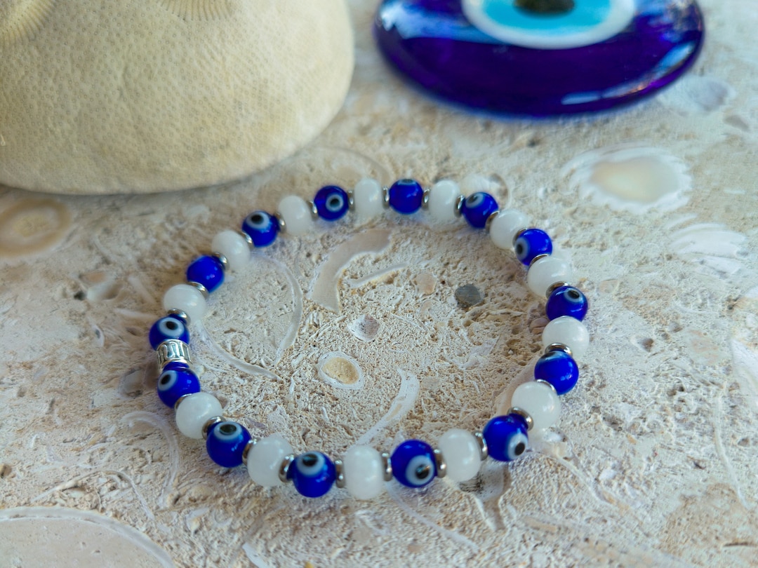 Evil Eye (nazar Boncuk) Glass Bead and White Jade 6mm Natural Gemstone ...