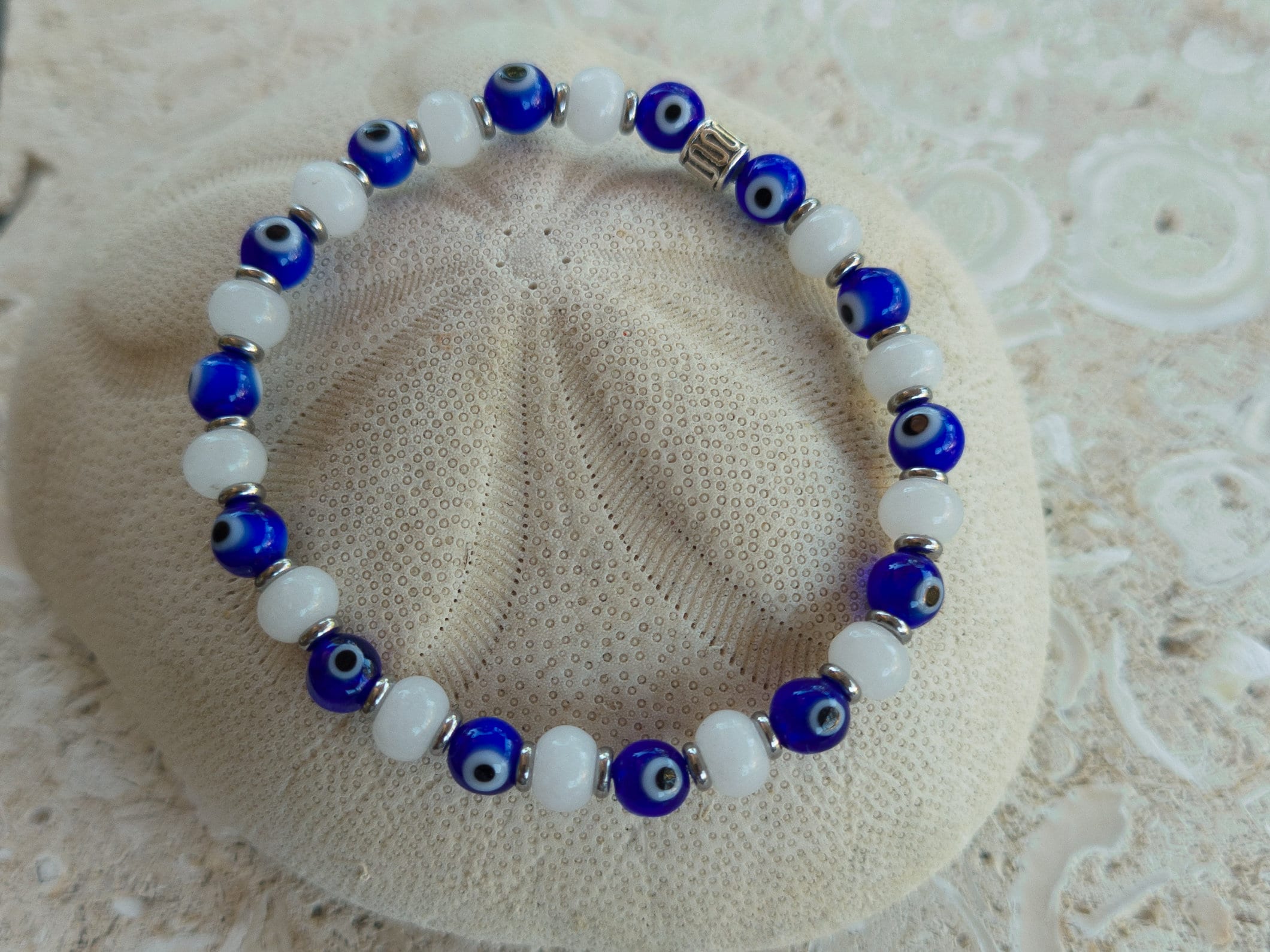Evil Eye (nazar Boncuk) Glass Bead and White Jade 6mm Natural Gemstone ...