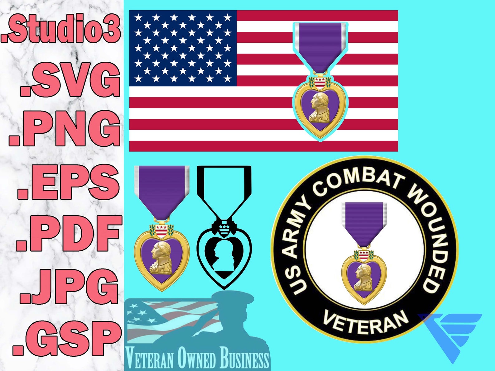 Purple Heart Digital Files Studio3 Svg Png Eps Pdf Jpg Gsp Silhouette ...