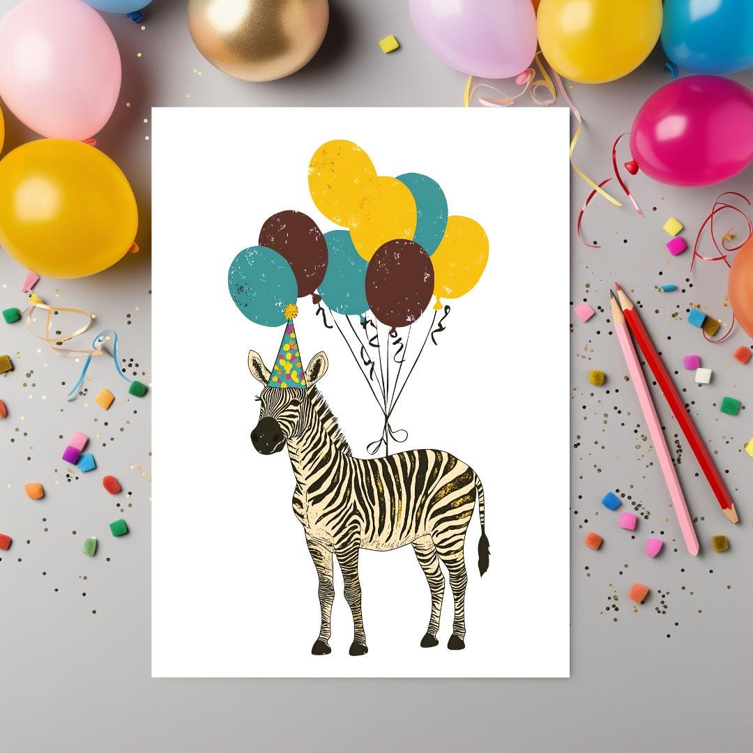 Zebra Birthday Card – Whimsical Animal Greeting With Balloons – Ships ...
