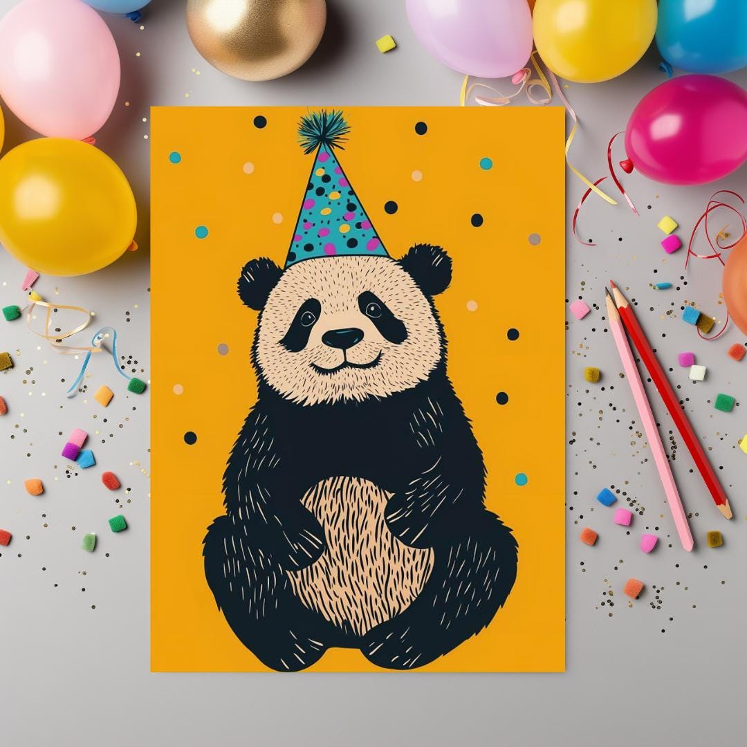 Adorable Panda Birthday Card – Cute Folded Greeting With Party Hat ...