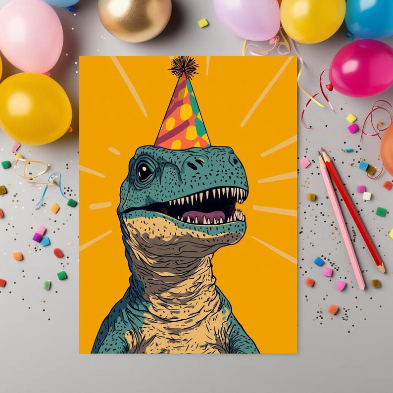 T Rex Birthday Card – Funny Dinosaur Greeting Card With Party Hat ...