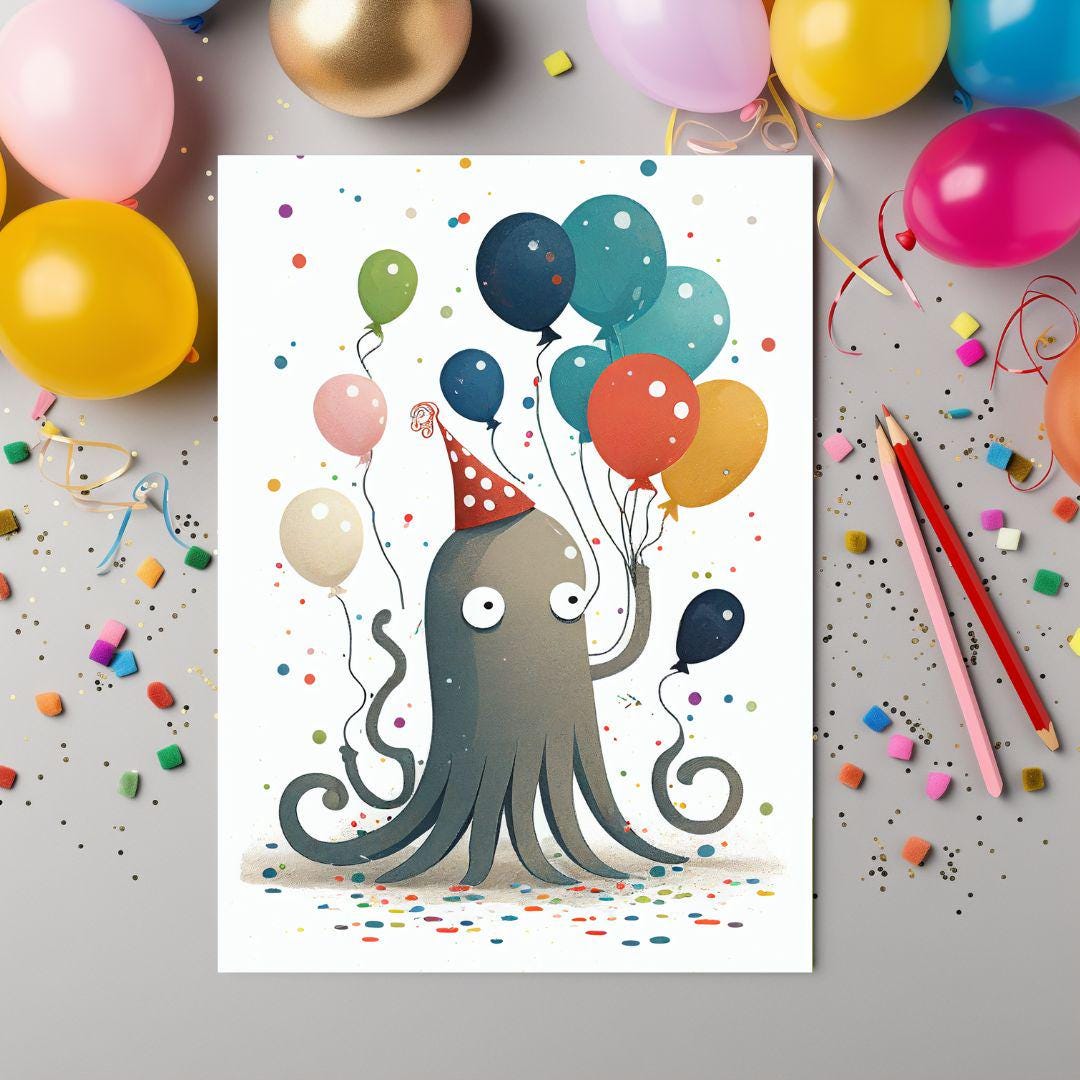 Whimsical Octopus Folded Greeting Card Colorful Balloon Birthday Bash ...
