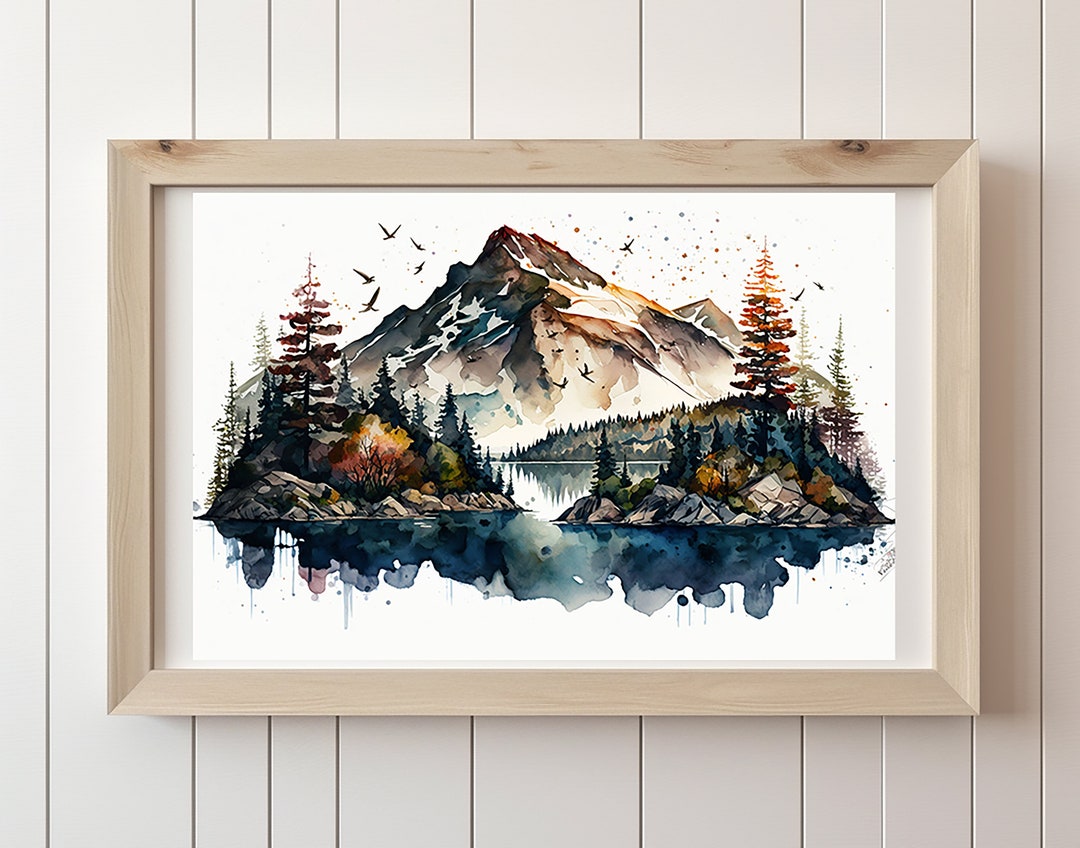 Watercolor Mountain Lake Landscape, Printable Wall Art, Vibrant ...