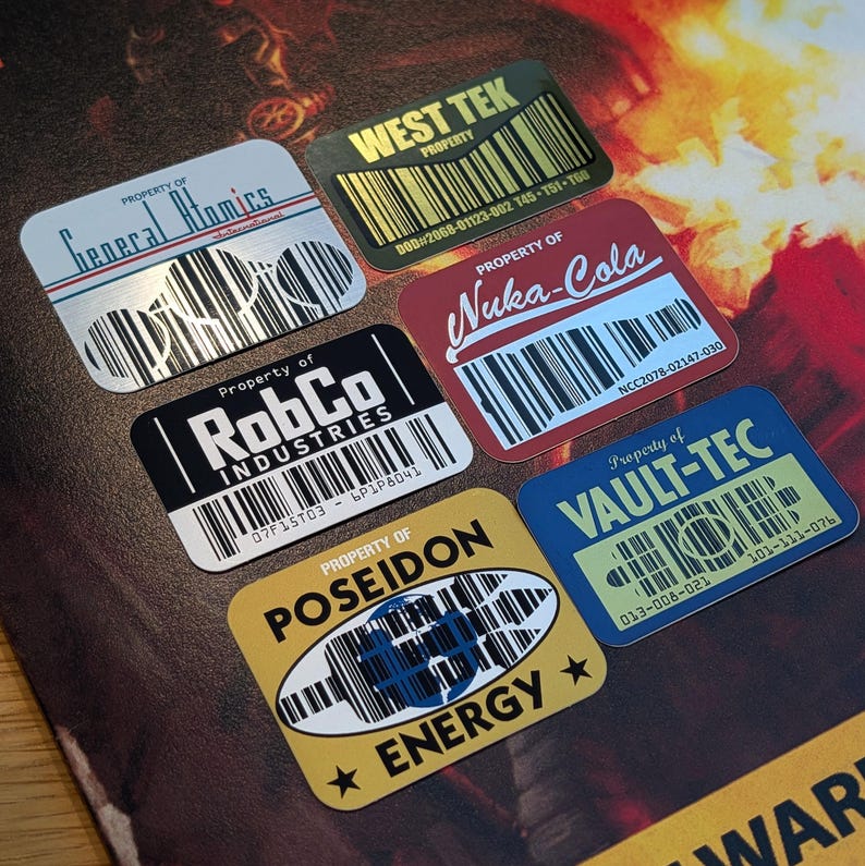 Fallout Asset Tag Stickers Metal Barcode Decals - Complete Corporate ...