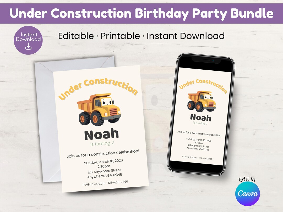 Under Construction Second Birthday Party Bundle, Editable Construction ...