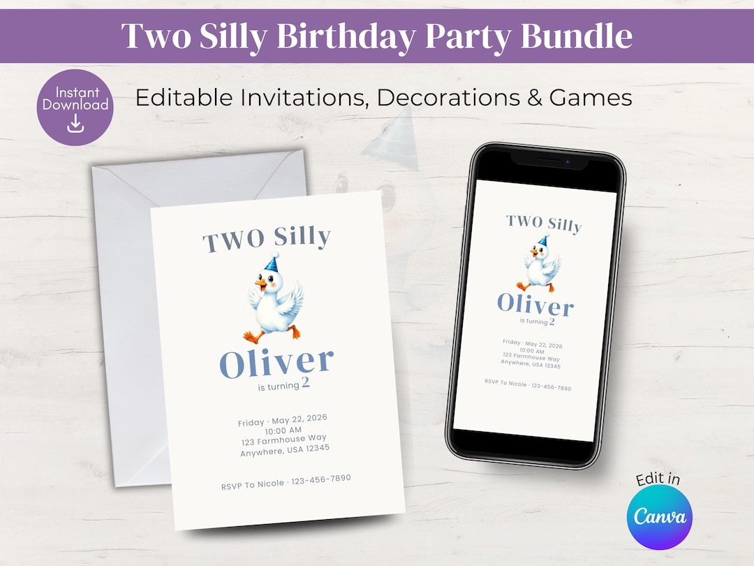 Two Silly Birthday Party Bundle. Editable Printable Blue Goose Birthday ...