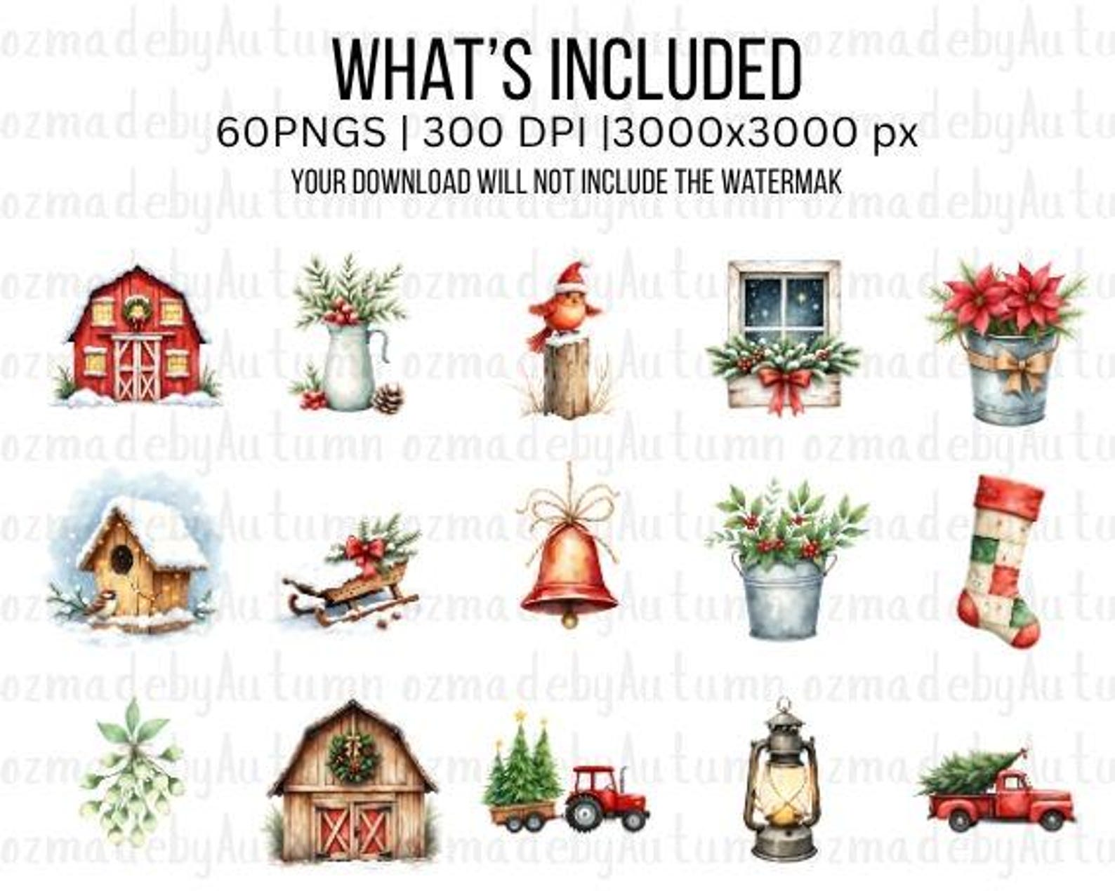 Set of 60 Farmhouse Christmas Clipart Pngs, Farmhouse Christmas Design ...