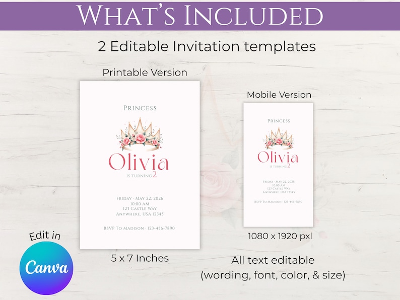 Princess Birthday Invitation Printable. Editable 5x7 and Mobile Invite ...