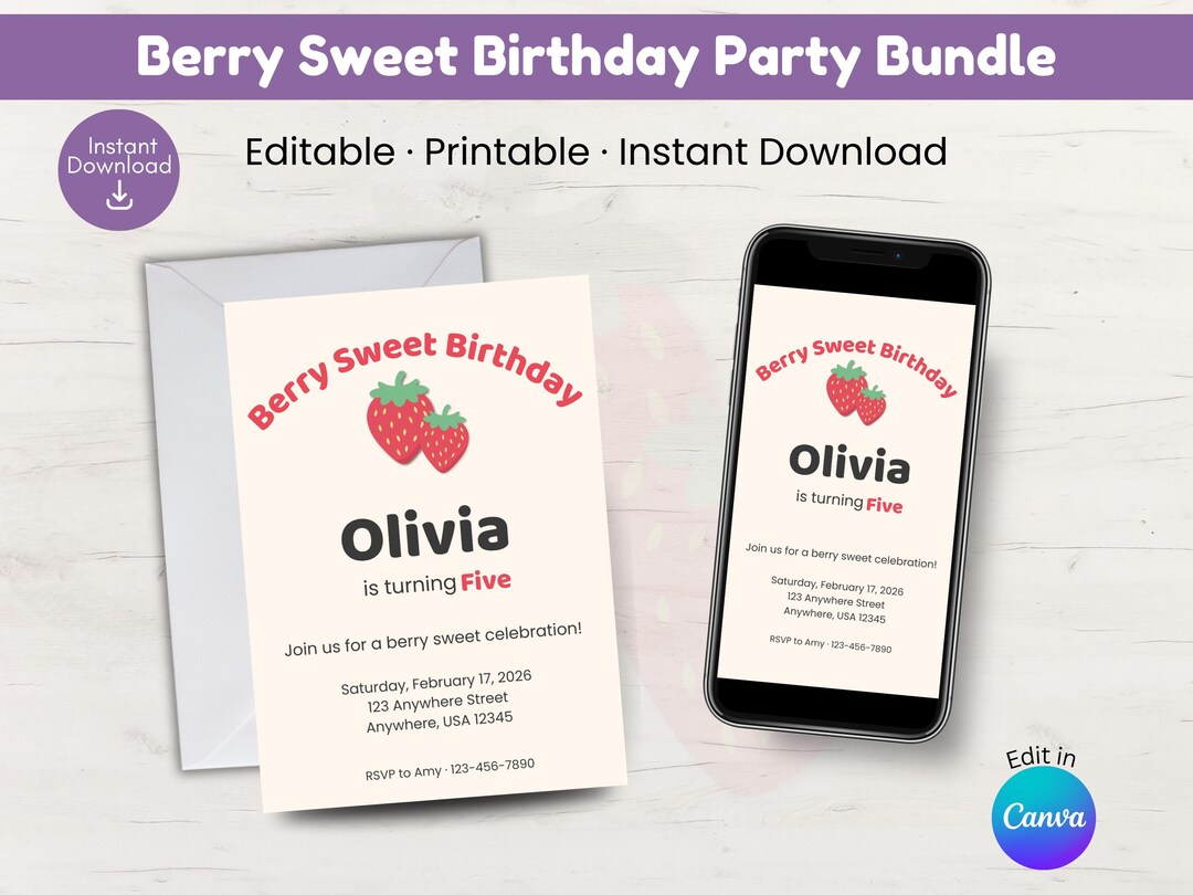 Berry Sweet Fifth Birthday Party Bundle, Strawberry Birthday Invitation ...