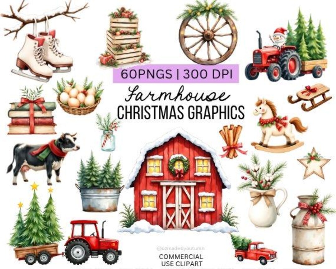 Set of 60 Farmhouse Christmas Clipart Pngs, Farmhouse Christmas Design ...
