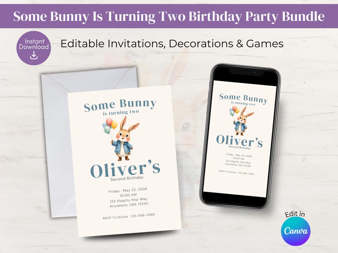 Some Bunny is Turning Two Birthday Bundle. Bunny Theme Editable 2nd ...
