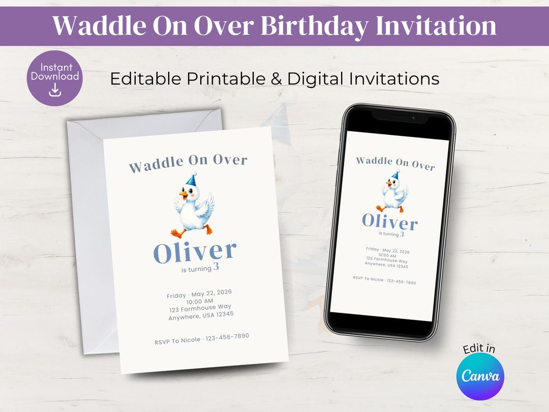 Waddle on Over Birthday Invitation. Editable Printable Invite. Goose ...