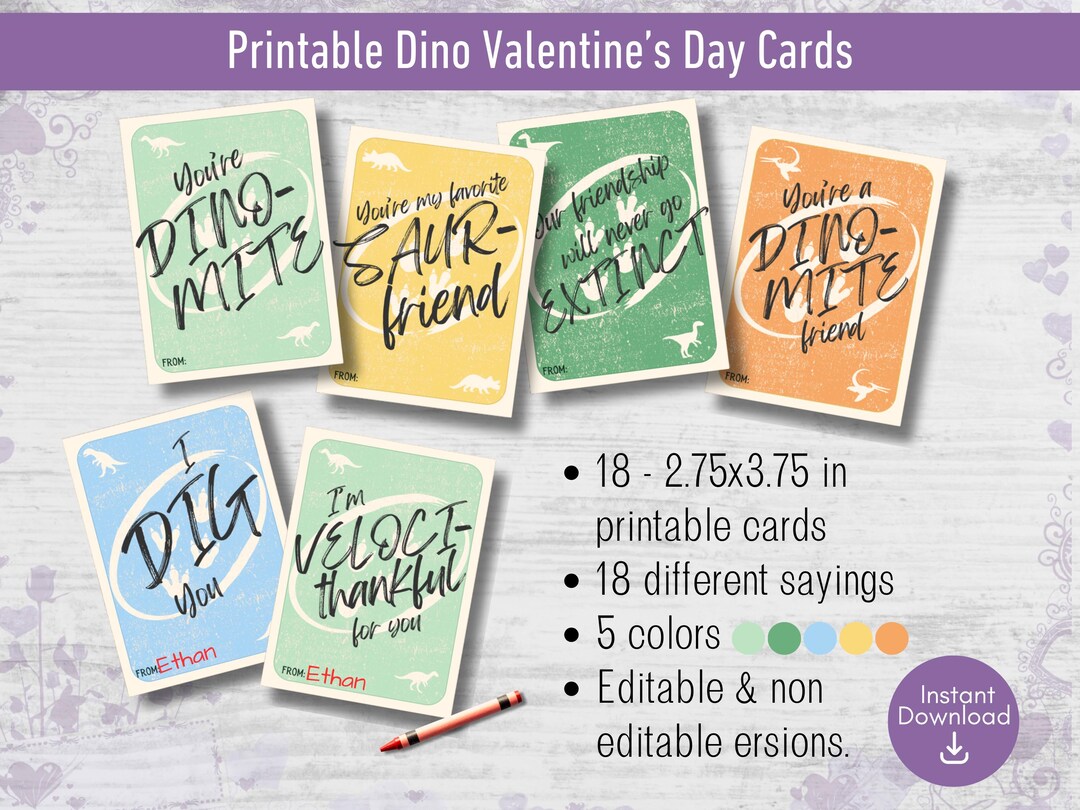 Set of 18 Printable Dinosaur Themed Valentine's Day Cards for Kids ...