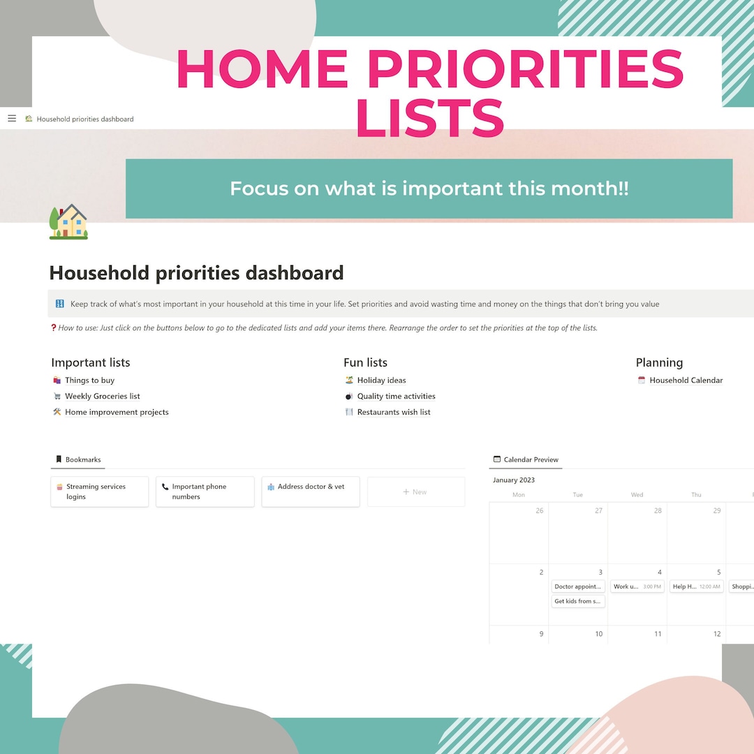 Home Priorities Dashboard Notion Template - Etsy