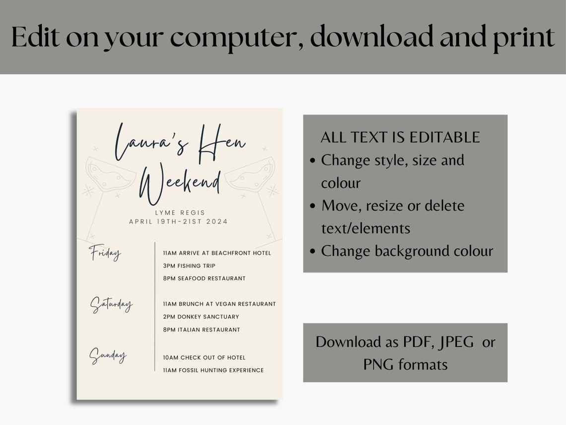 Hen Party Template, Hen Do Template, Itinerary, Hen Party Itinerary ...