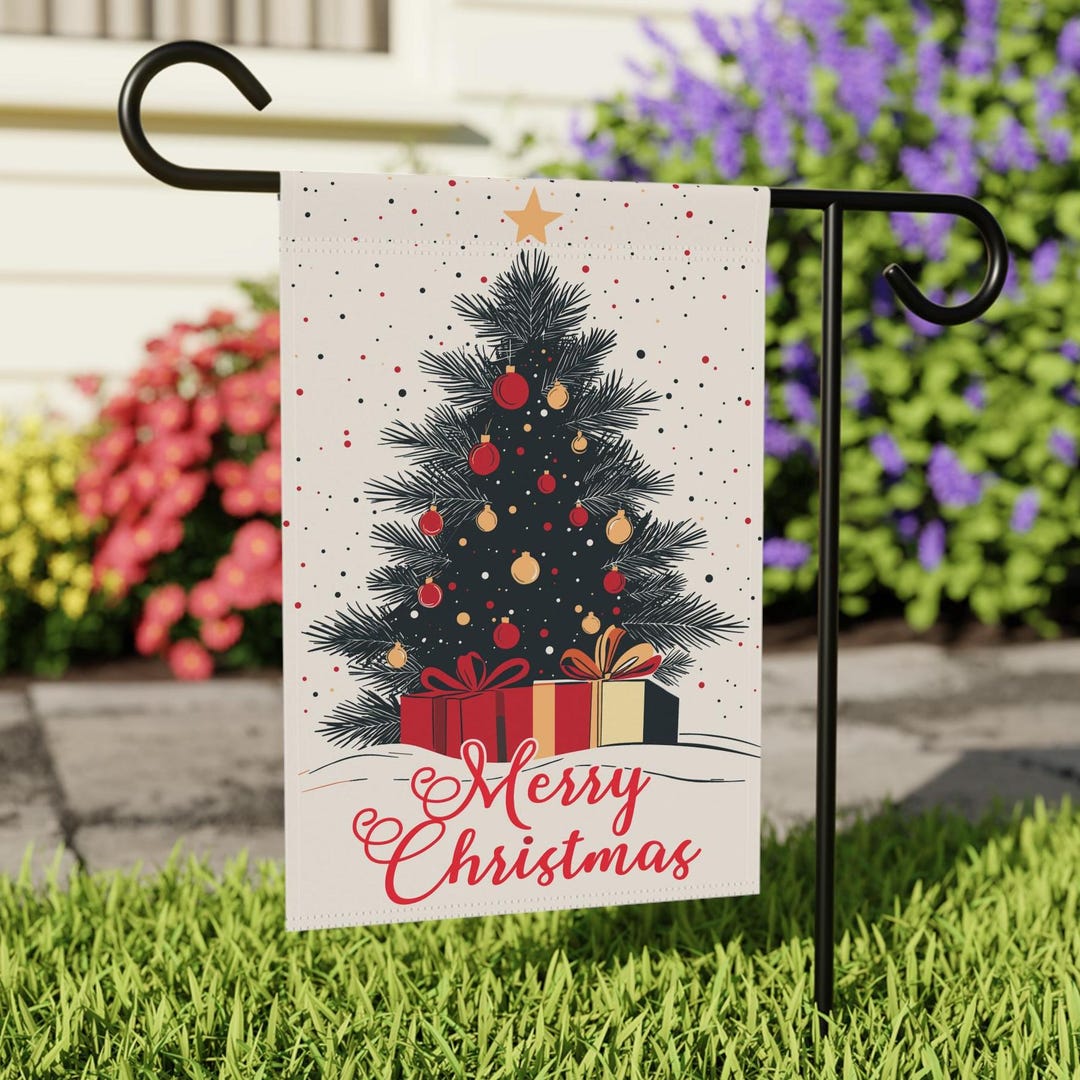 Christmas Tree Garden Flag | Tan Happy Holiday Welcome Flag | Winter ...
