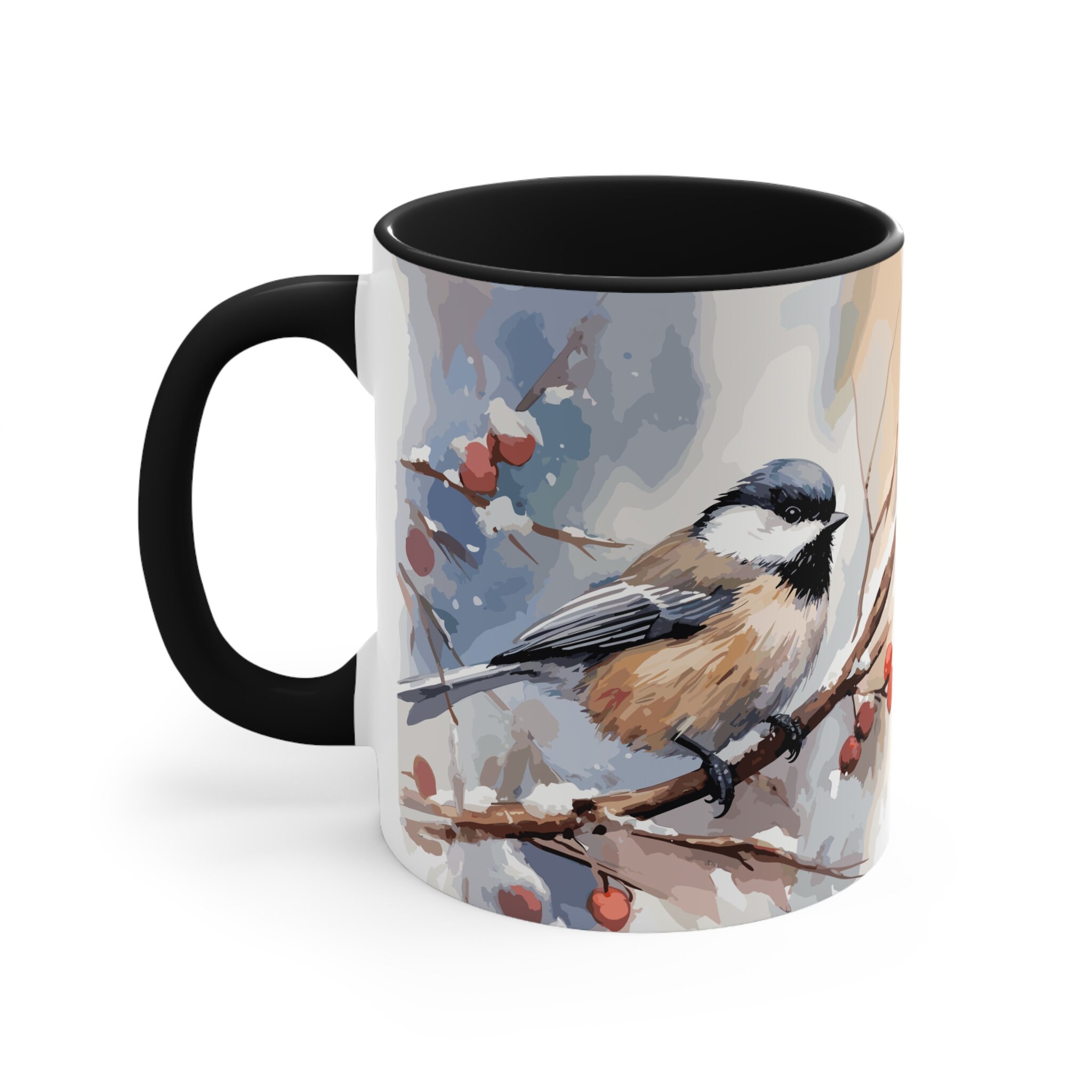 Winter Chickadee Bird Mug | Watercolor Style Tea Mug | Black and White ...