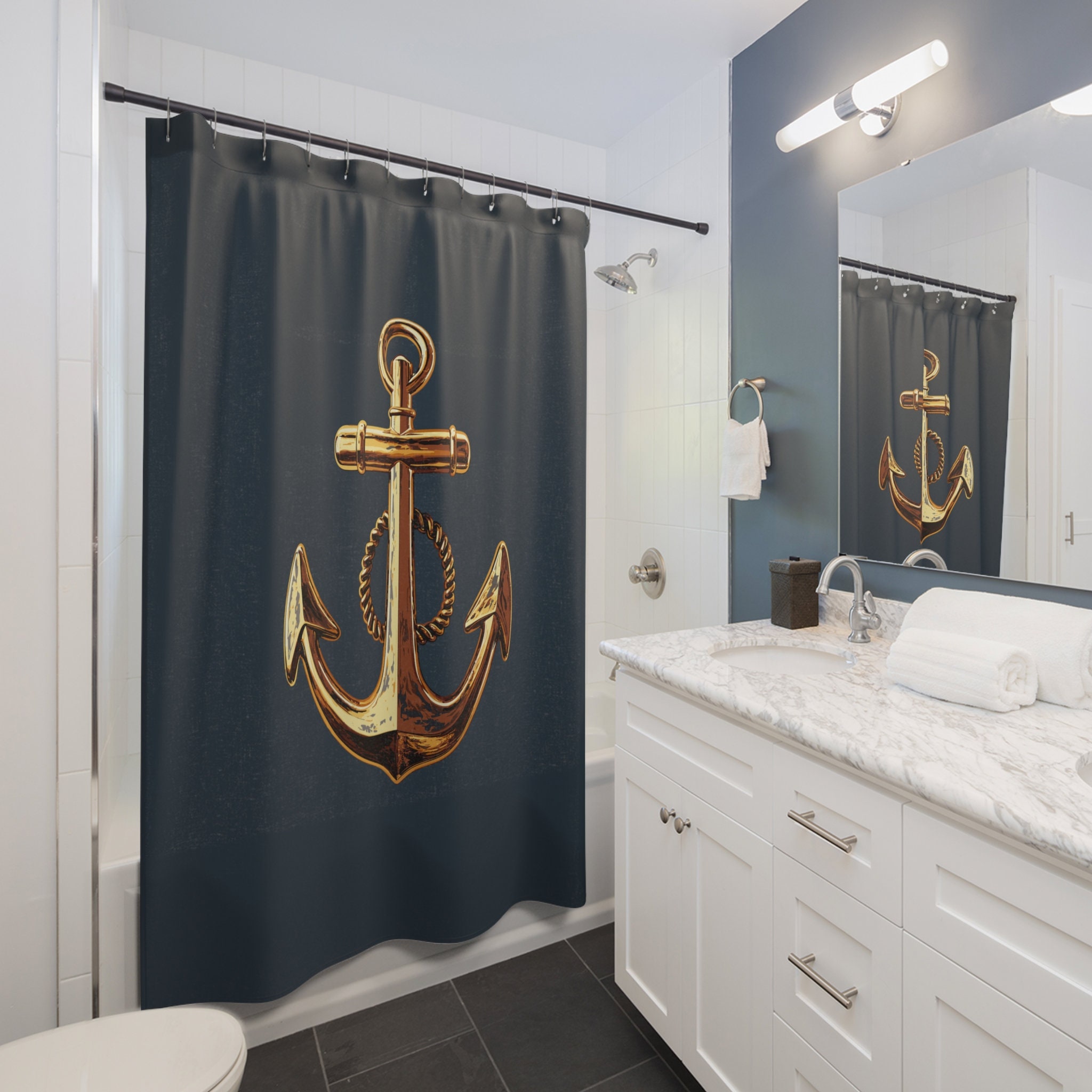 Golden Anchor Shower Curtain Sailors Anchor Shower Curtain Slate Blue ...