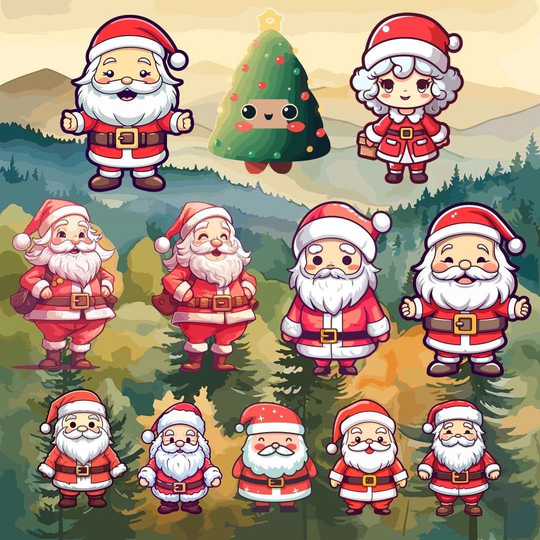 Kawaii Santa Clipart Bundle, 12 PNG + SVG Files, Transparent Background ...