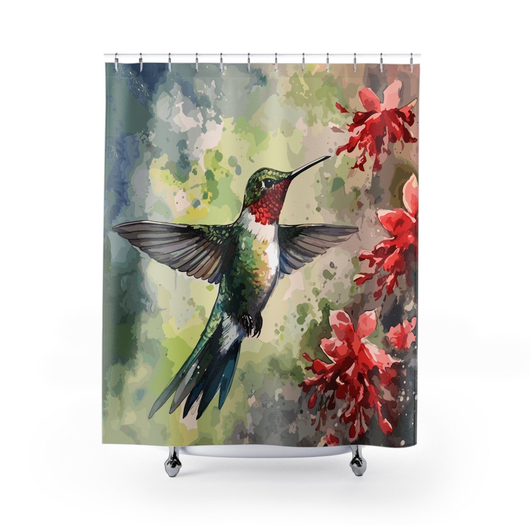 Watercolor Hummingbird Shower Curtain Ruby Throated Hummingbird Boho