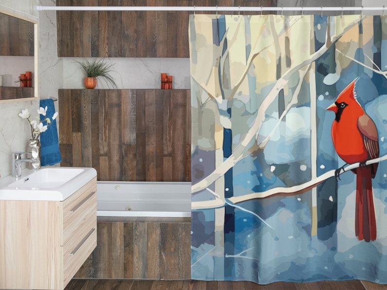 Northern Cardinal Shower Curtain Modern Art Shower Curtain Winter Bird ...
