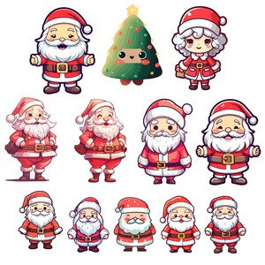 Kawaii Santa Clipart Bundle, 12 PNG + SVG Files, Transparent Background ...