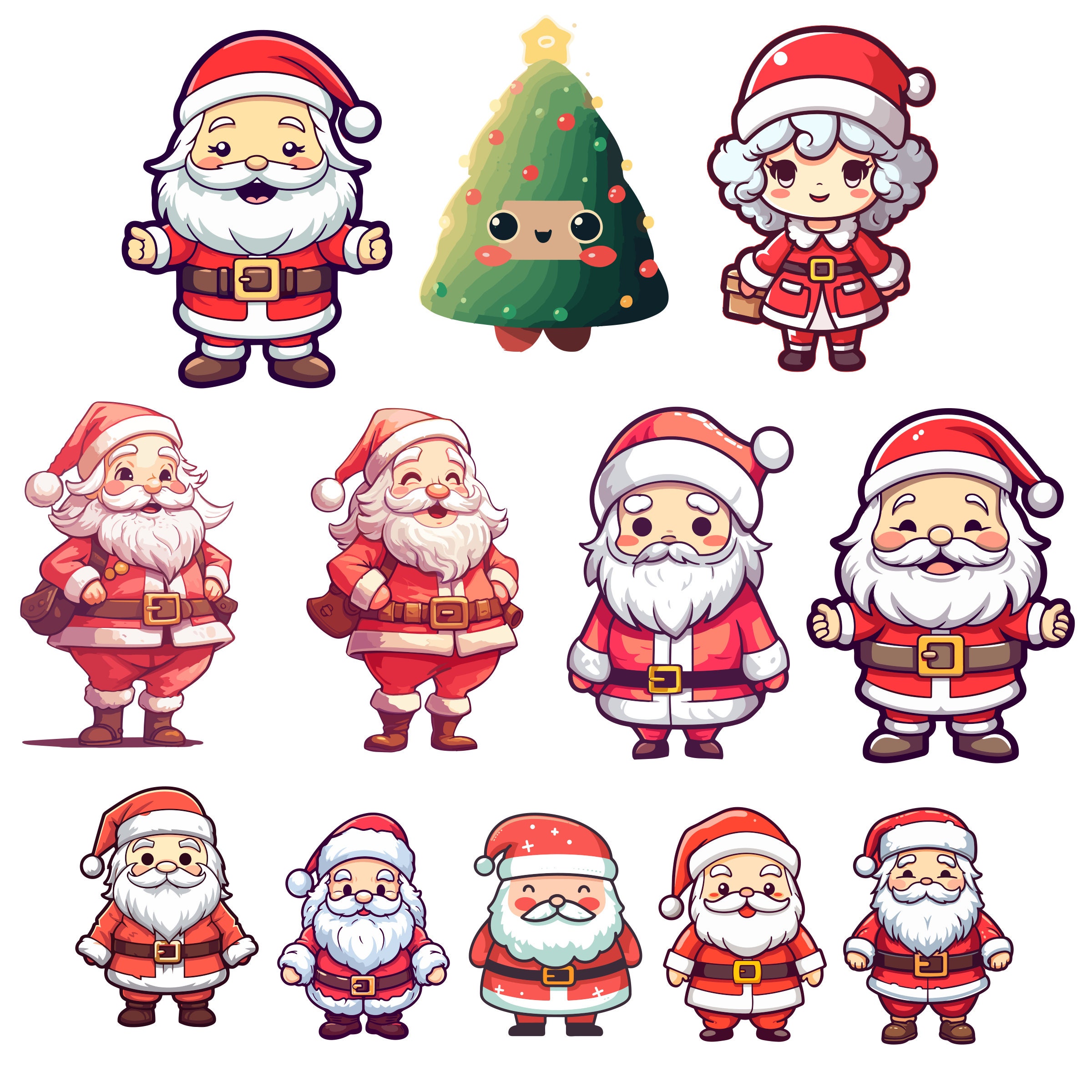 Kawaii Santa Clipart Bundle, 12 PNG + SVG Files, Transparent Background ...