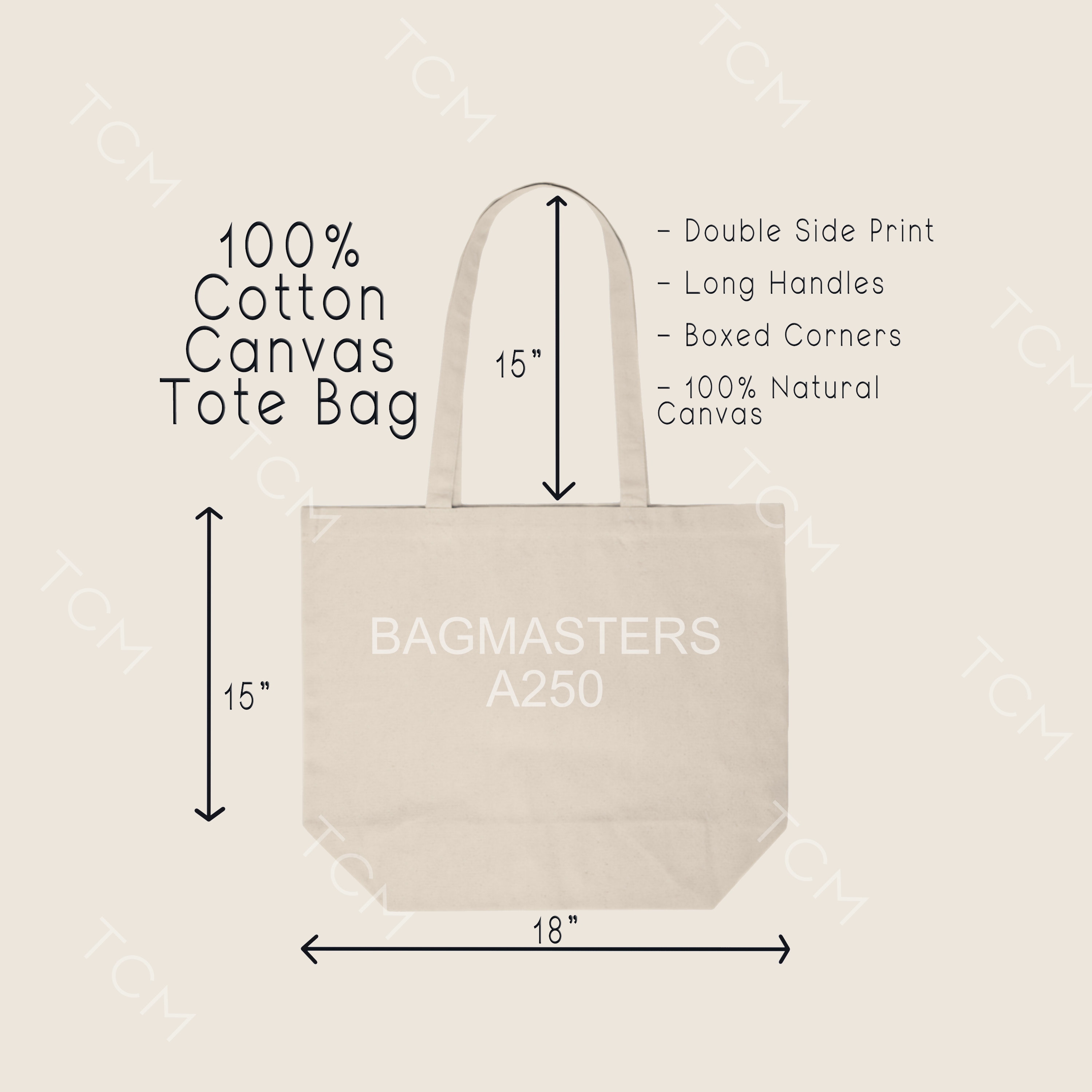Natural Canvas Tote Bag Size Chart Tote Mockup Size Guide PNG A250 Sizing Table Bagmasters A250 ...