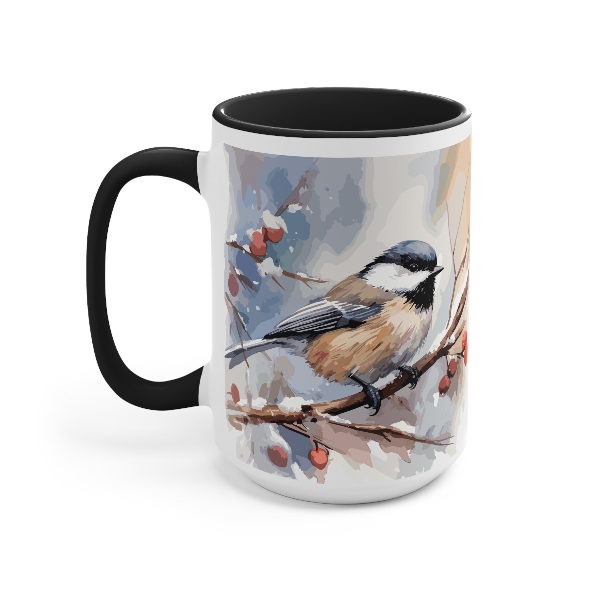 Winter Chickadee Bird Mug Watercolor Style Tea Mug Black and White ...