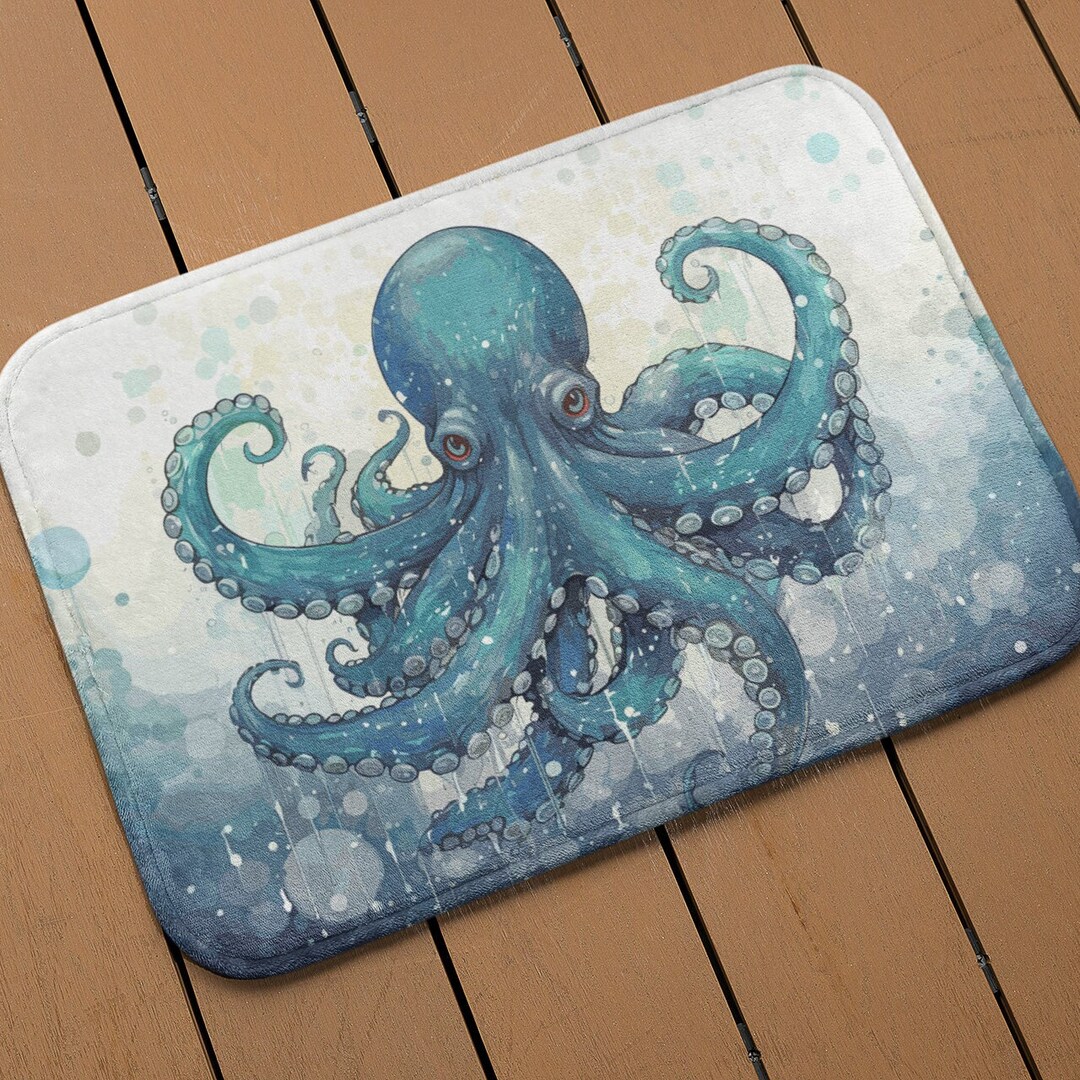 Blue Octopus Sea Life Memory Foam | Microfiber Bath Mat for Bathroom ...