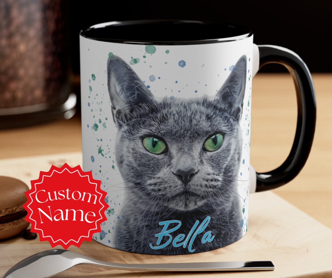 Custom Russian Blue Mug | Personalized Pet Cat Watercolor Mug | Black ...