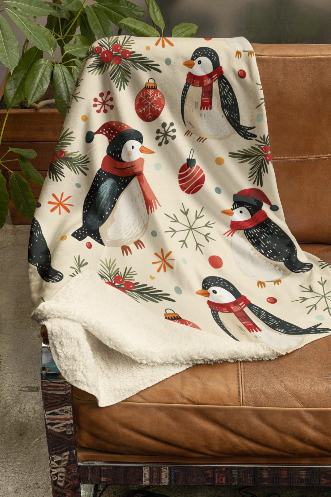 Holiday Penguins Fleece Sherpa Blanket - Cute Christmas Pattern Throw ...