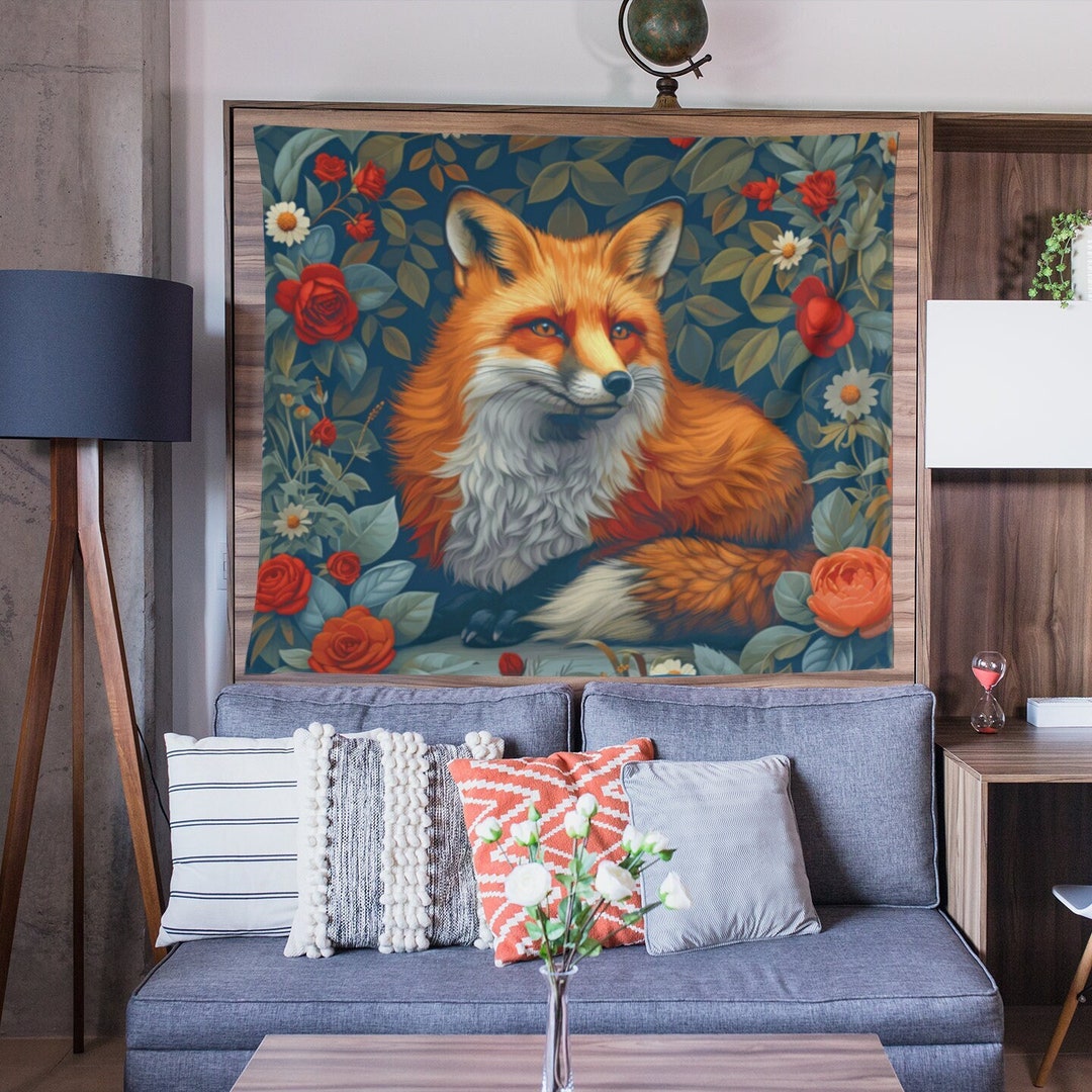 Red Fox and Roses Wall Tapestry, Modern Fantasy Tapestry, Red Fox Wall ...