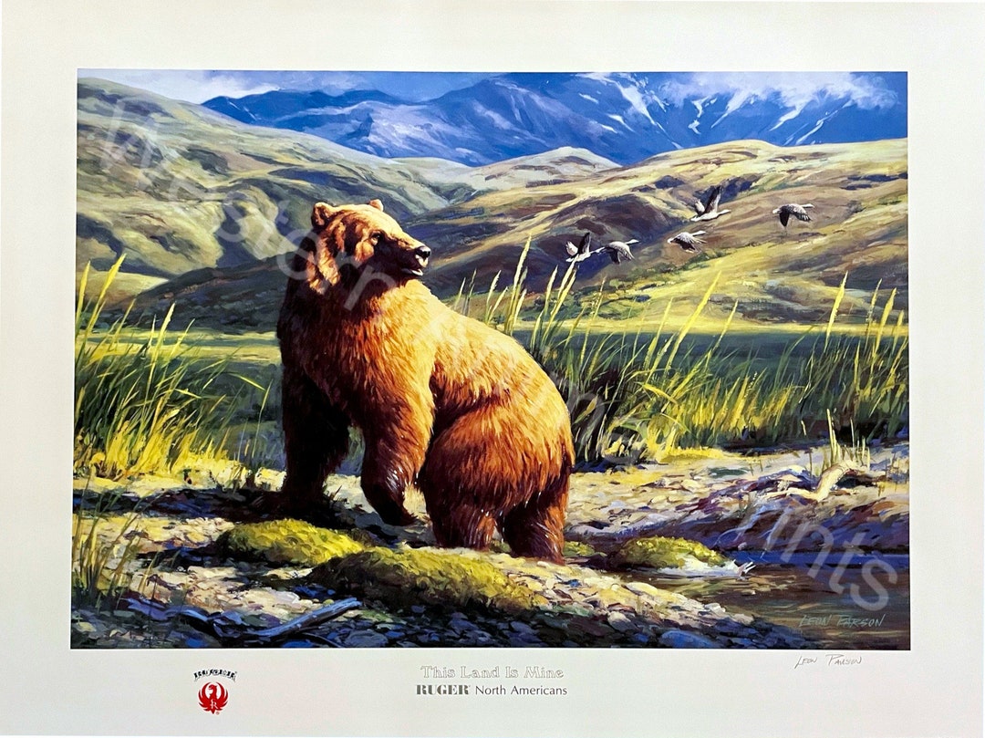 This Land is Mine – Grizzley Bear in Green Valley With Deer – Wall Art – Signed - Wildlife ...